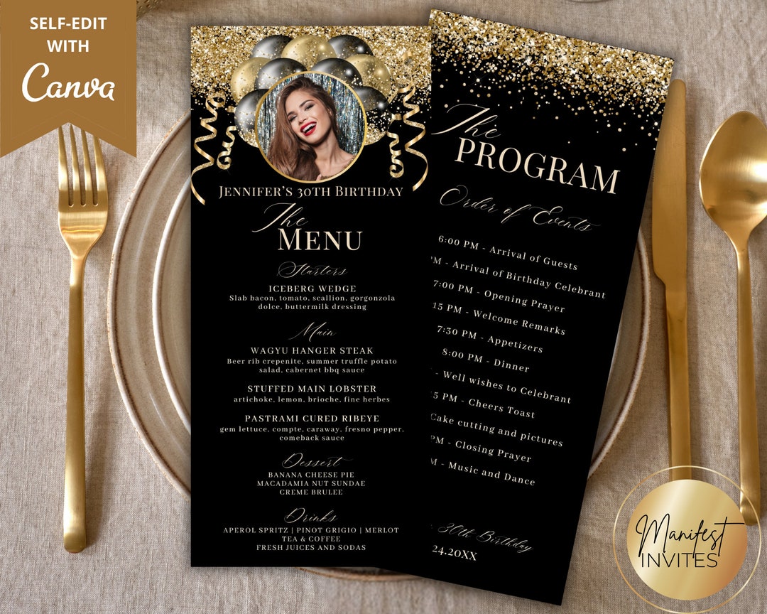 Editable Picture Black Gold Glitter Balloons Menu and Program Card ...