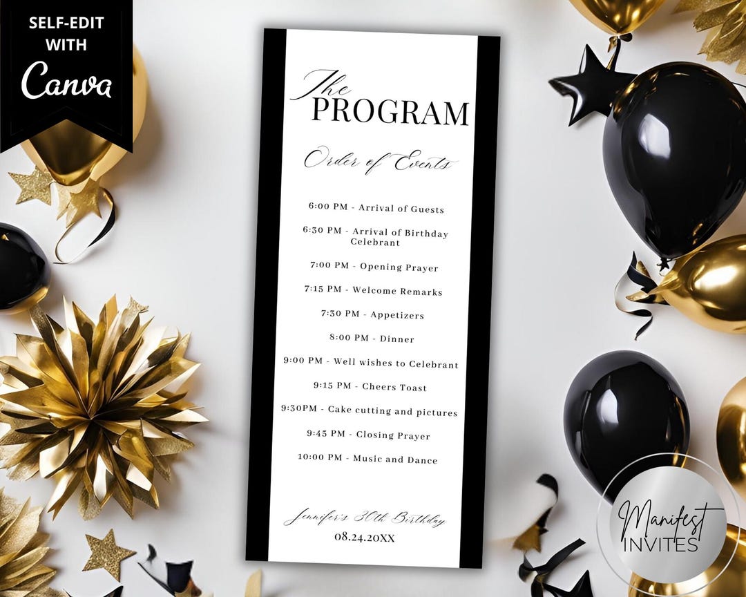 Editable Modern Minimalistic Black White Event Program Card Template ...