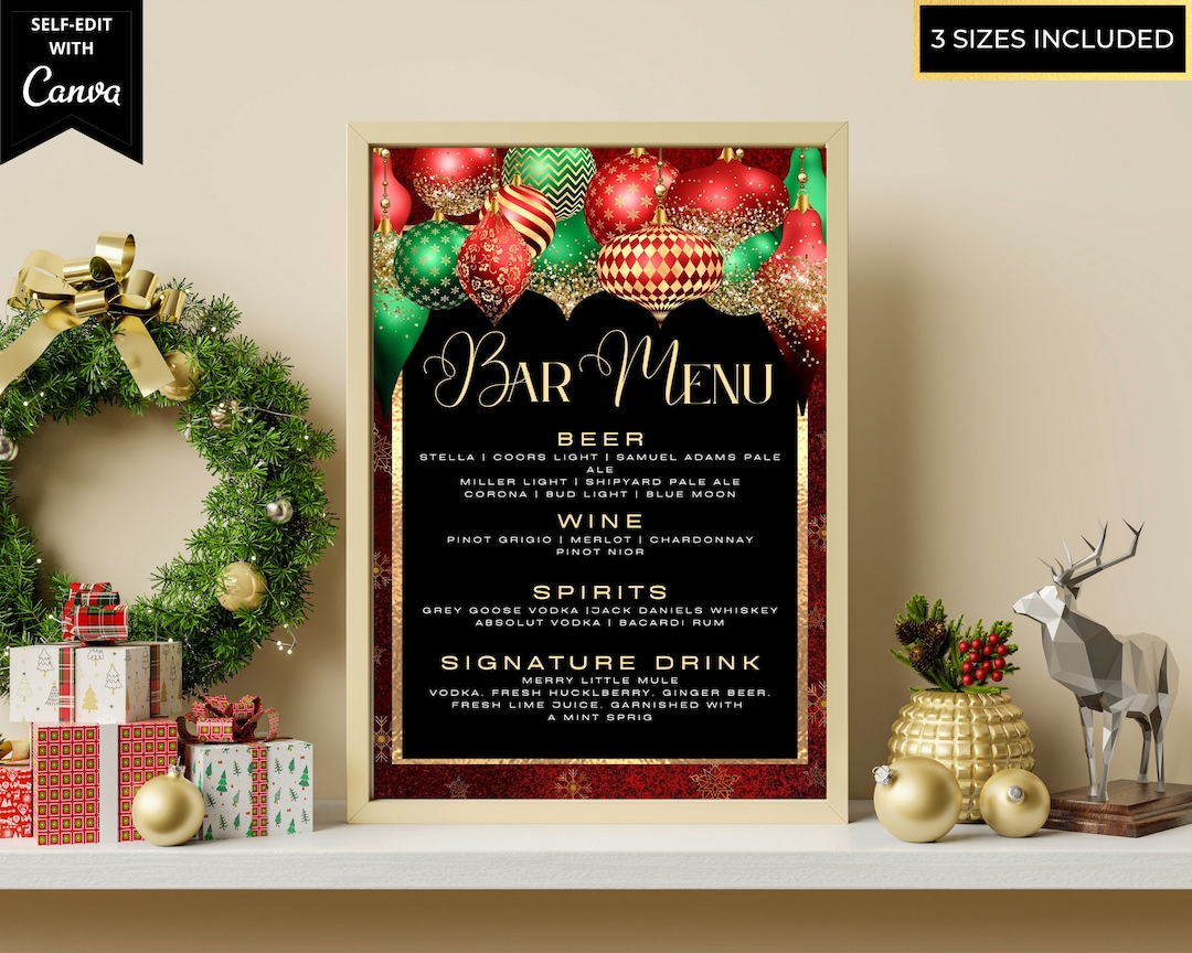 Editable Christmas Bar Menu Template, Elegant Holiday Bar Sign ...