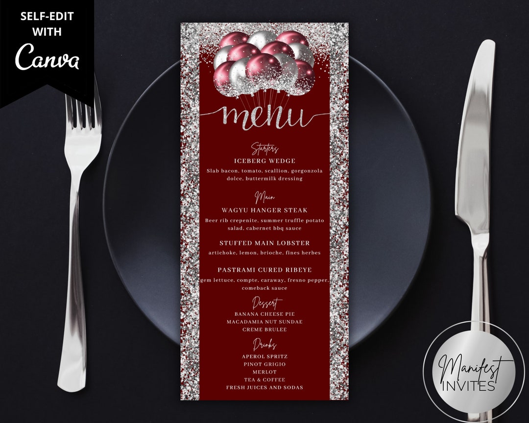 Editable Red Silver Glitter Balloons Birthday Dinner Menu Card ...
