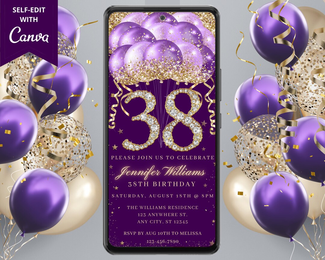 Digital 38th Birthday Party Purple Gold Diamond Glitter Balloon ...