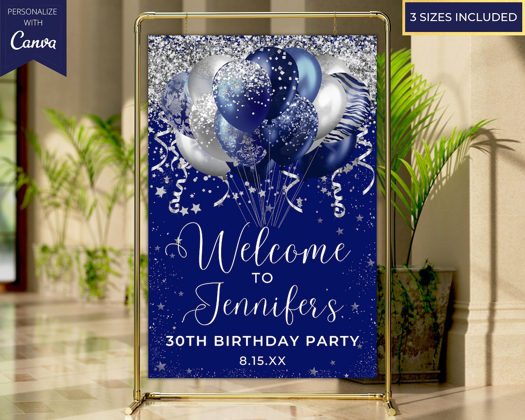 Blue Silver Glitter Balloons Printable Welcome Sign, Birthday Party ...
