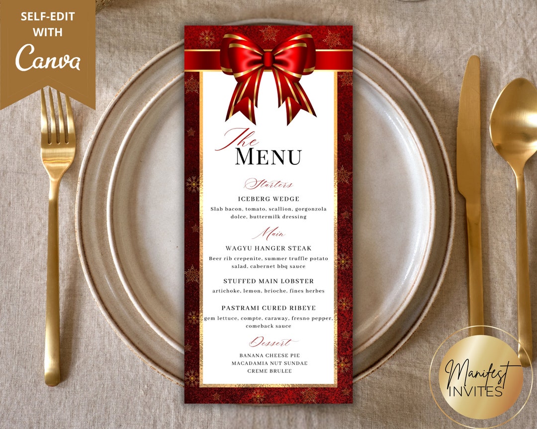 Editable Christmas Dinner Party Menu Card Template, Printable Holiday ...