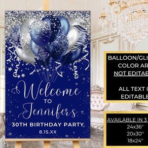 Blue Silver Glitter Balloons Printable Welcome Sign, Birthday Party ...
