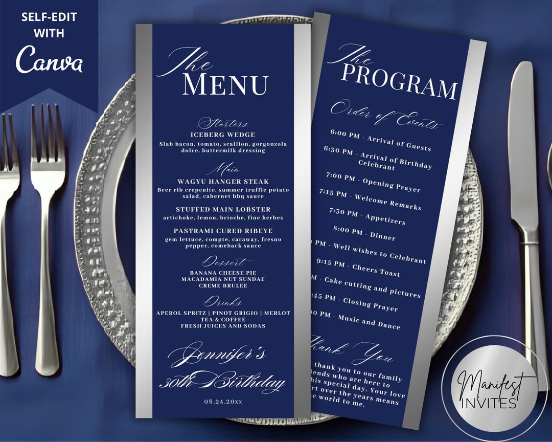 Editable Modern Blue Silver Menu and Event Program Card Template, Thank ...