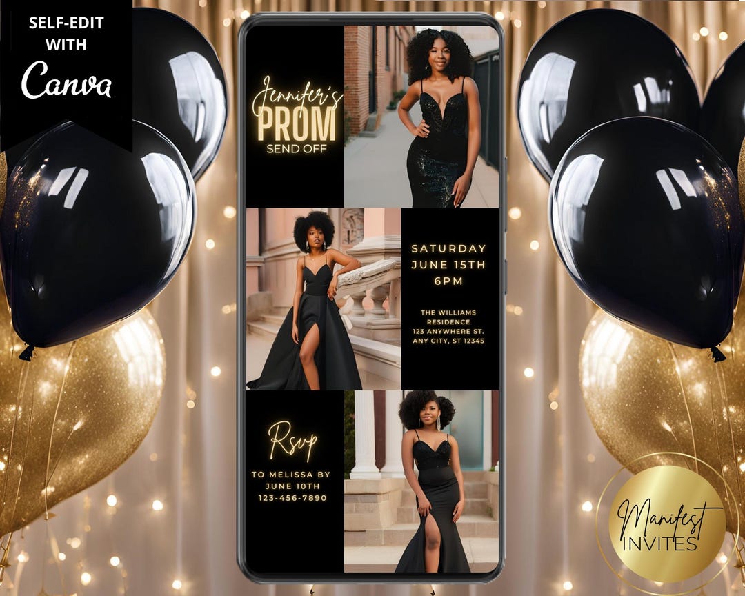 Digital Prom Send off Photo Template Gold Neon Party Invitation ...