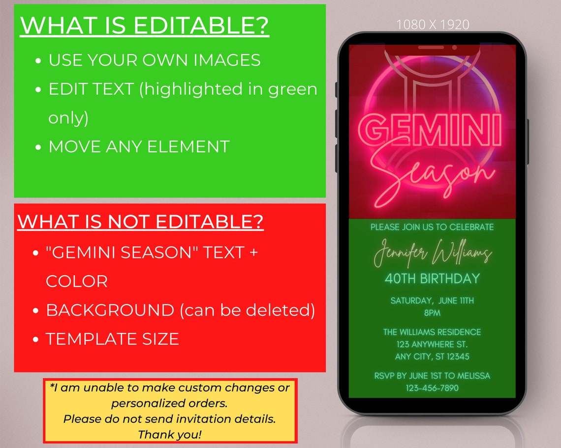 Gemini Zodiac Birthday Digital Invitation, Electronic Party Invite ...