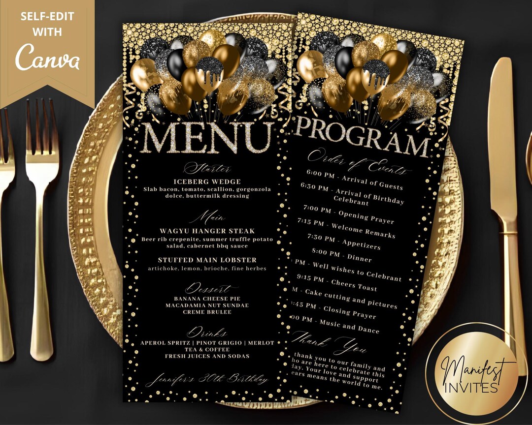 Editable Glam Black Gold Glitter Balloons Diamond Menu Program and ...