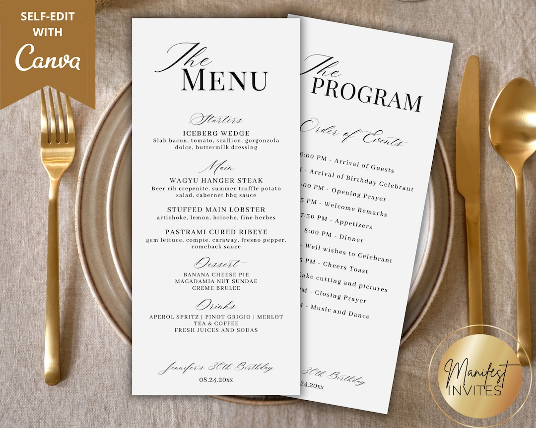 Editable Modern Minimalistic Menu and Program Card Template, Printable ...