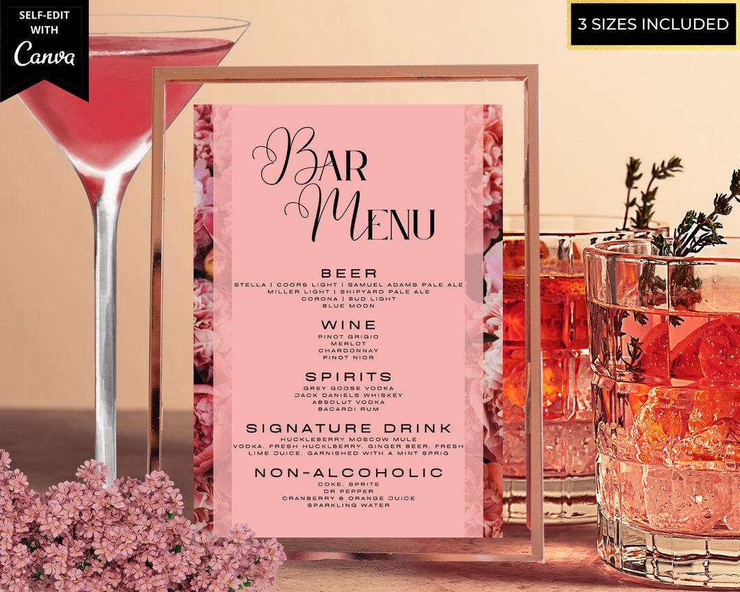 Editable Blush Pink Floral Bar Menu Template, Printable Signature Drink ...