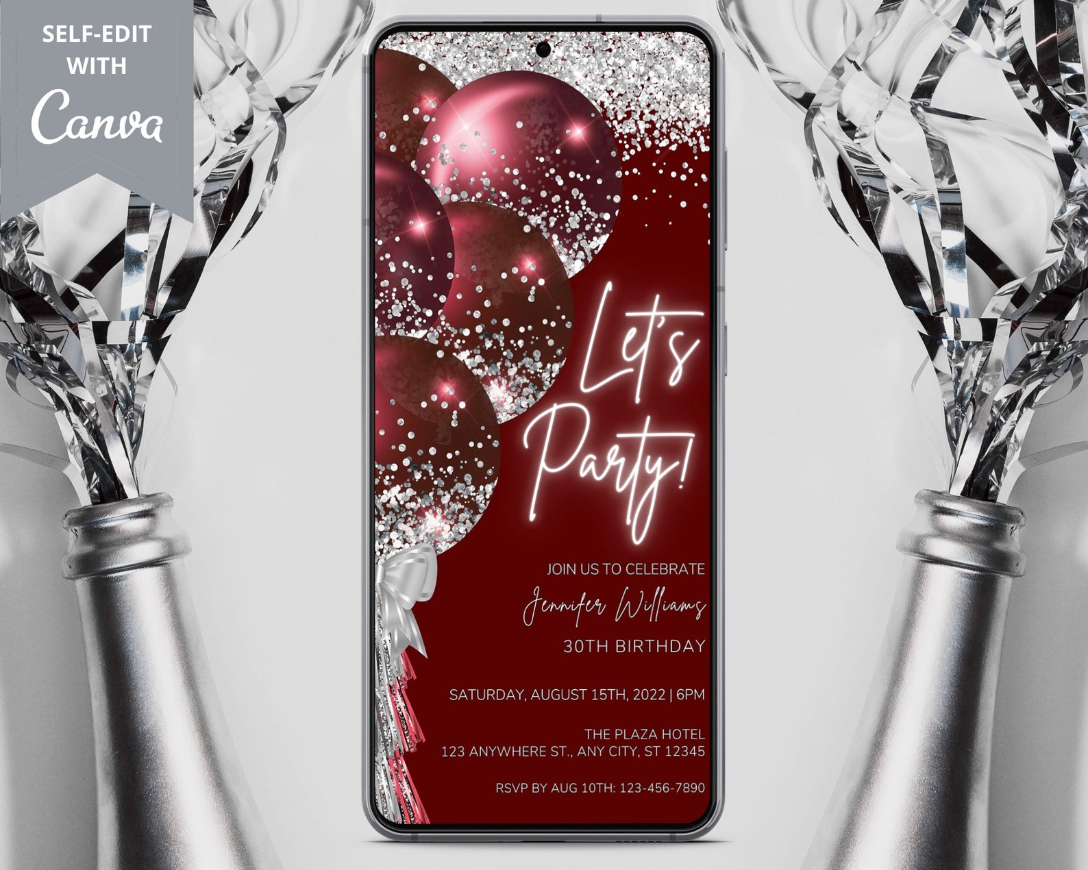 Digital Red Silver Balloons Birthday Party Invitation - Etsy