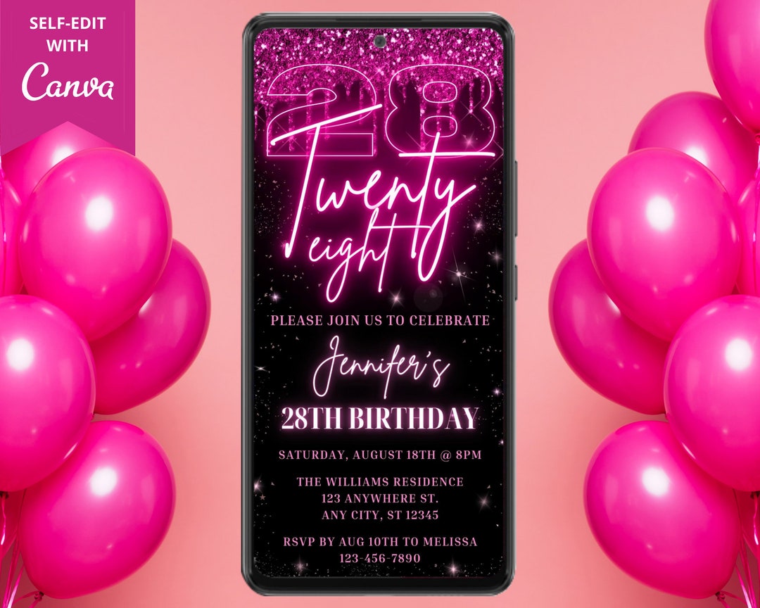 Digital 28th Birthday Party Invitation, Electronic Text Message Evite ...