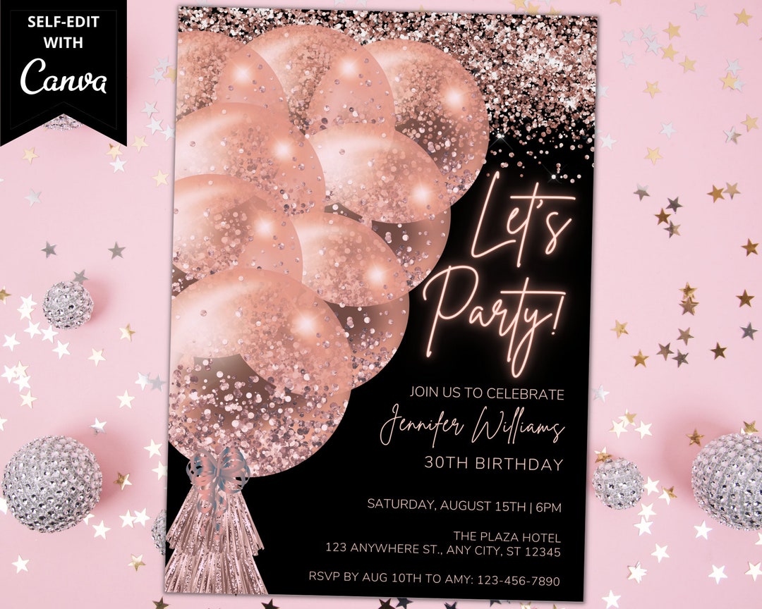 Editable Rose Gold Glitter Balloons Birthday Party Invitation ...