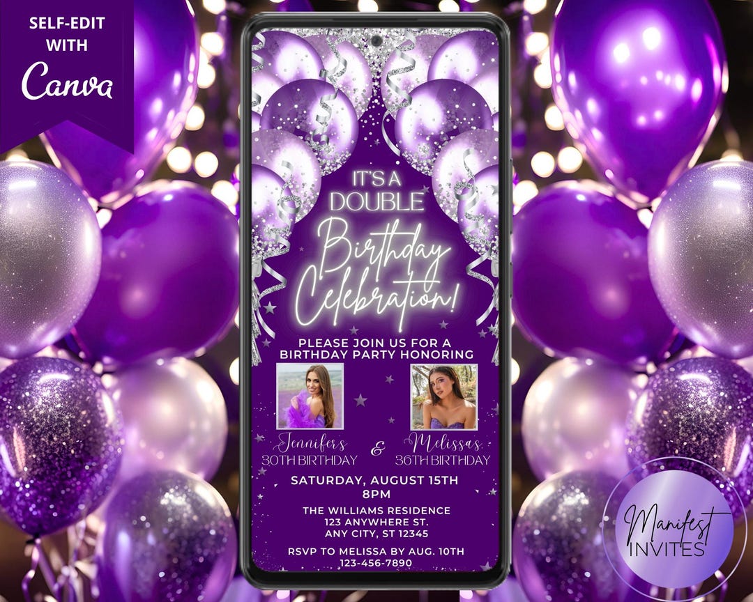 Digital Joint Double Birthday Party Photo Invitation, Purple Silver ...