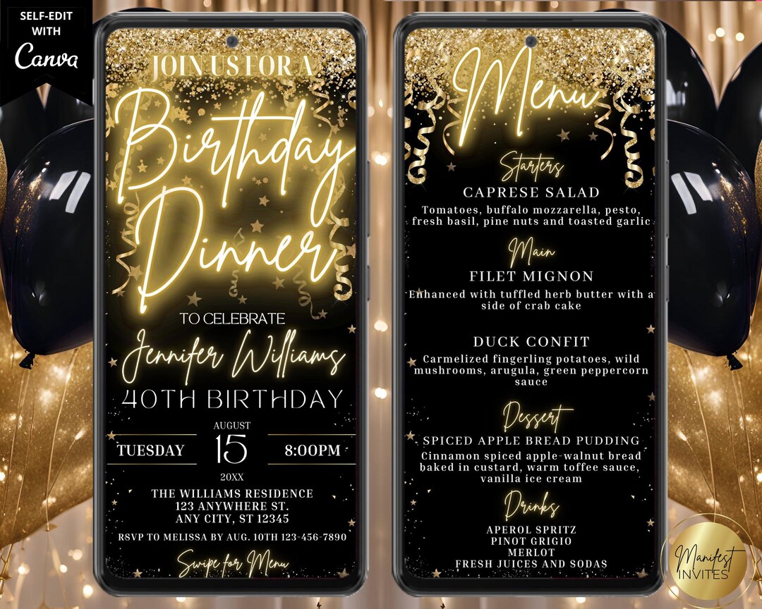 Digital Birthday Dinner Menu Black Gold Glitter Glam Party Invitation ...