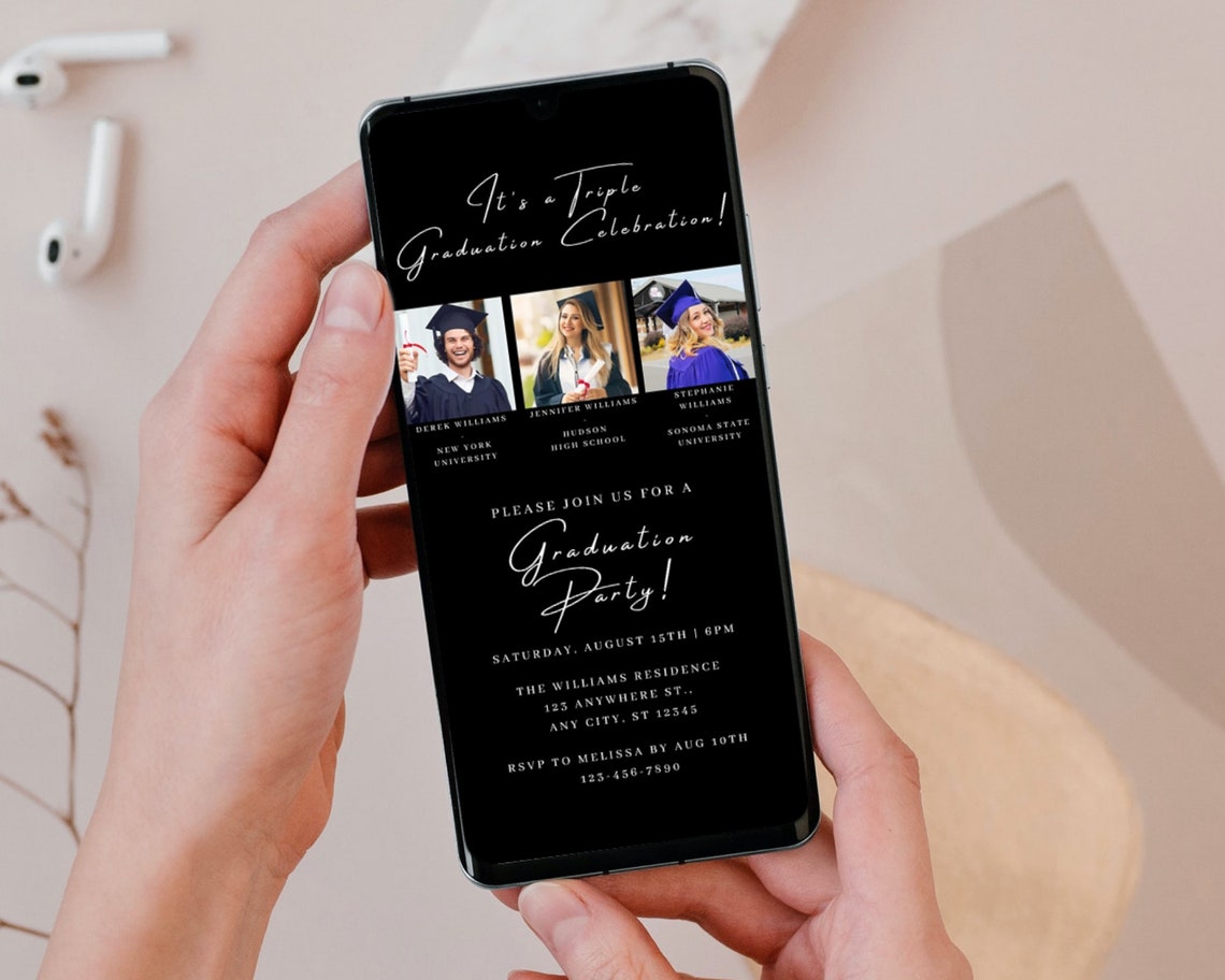 Digital Triple Graduation Invitation Electronic Grad Party | Etsy