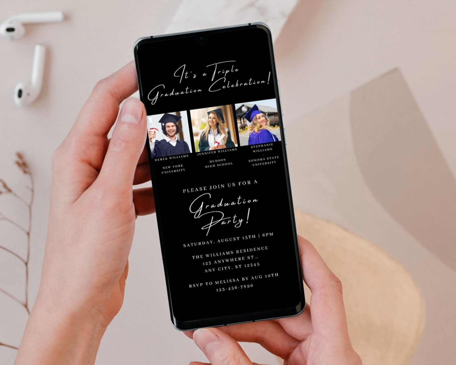 Digital Triple Graduation Invitation Electronic Grad Party | Etsy