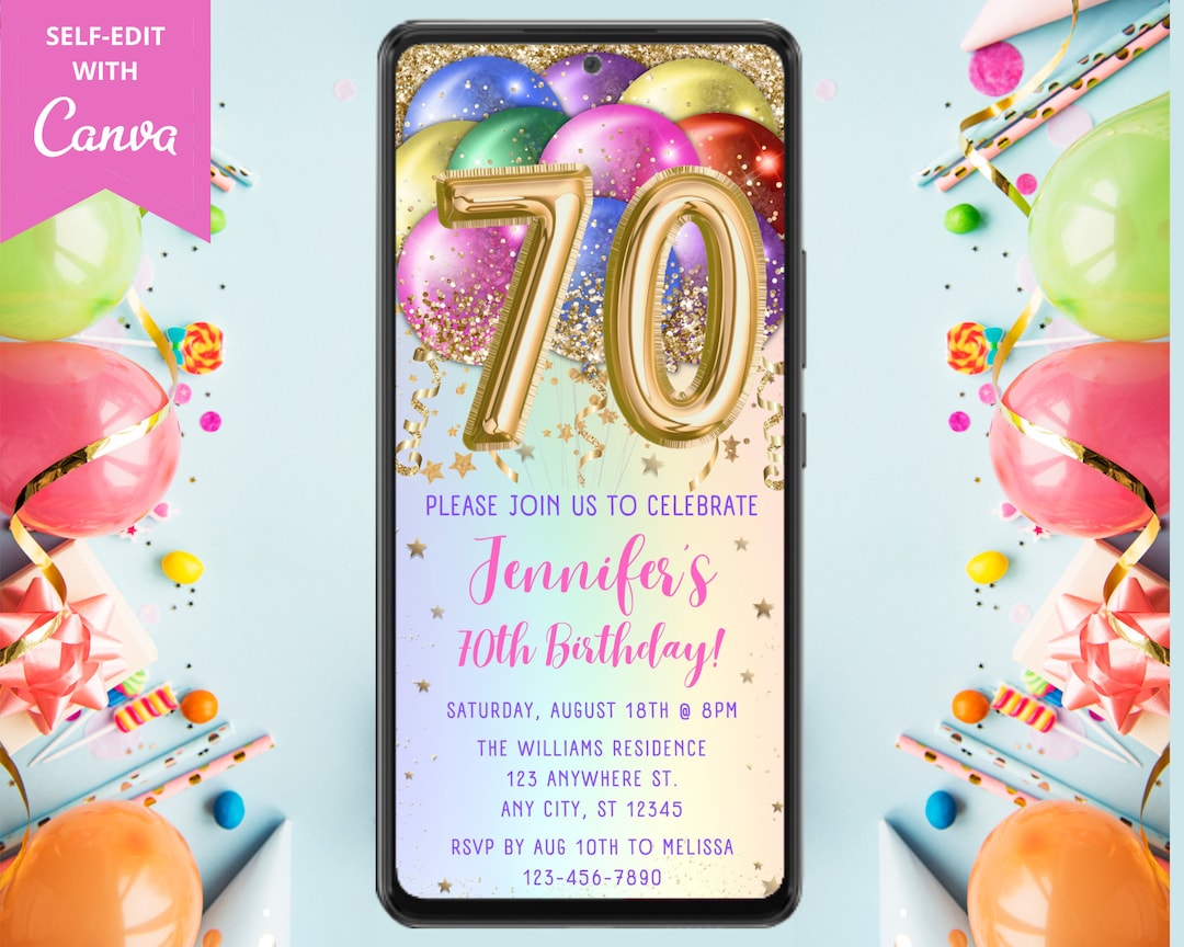Digital 70th Birthday Party Rainbow Balloons Invitation, Electronic ...