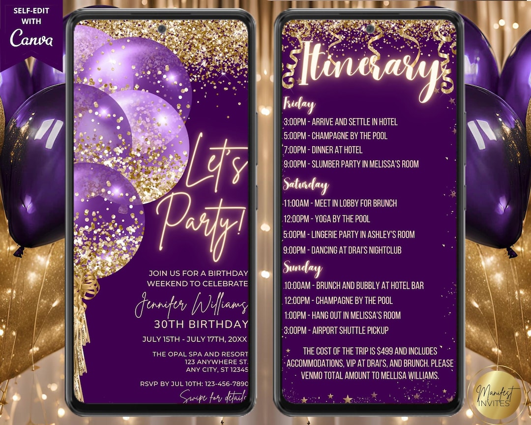 Digital Purple Gold Balloons Birthday Party Weekend Invitation, 3 Day ...