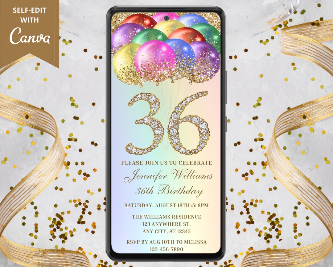 Digital 36th Birthday Party Invitation, Electronic Text Message Evite ...