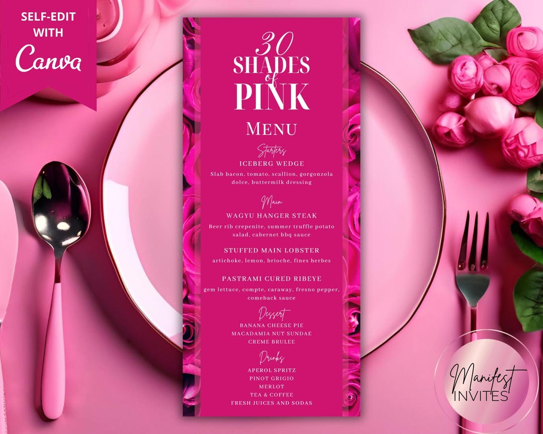 Editable Any Age Shades of Pink Floral Roses Birthday Dinner Menu Card ...