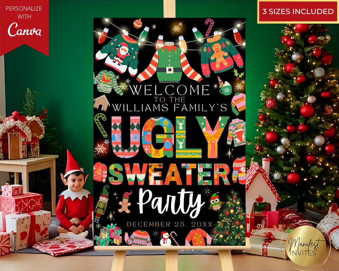 Editable Ugly Sweater Christmas Holiday Party Welcome Sign, Tacky Xmas ...