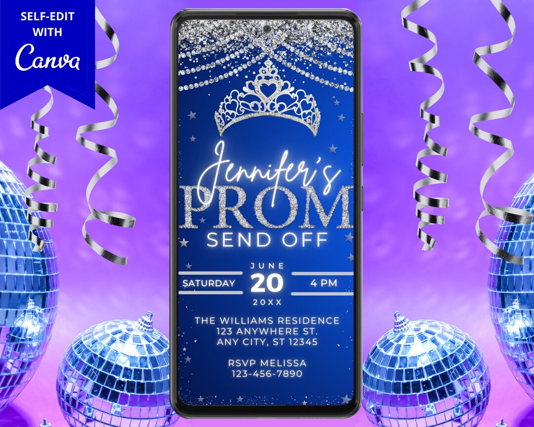 Digital Prom Send off Blue Silver Crown Diamonds Party Invitation ...