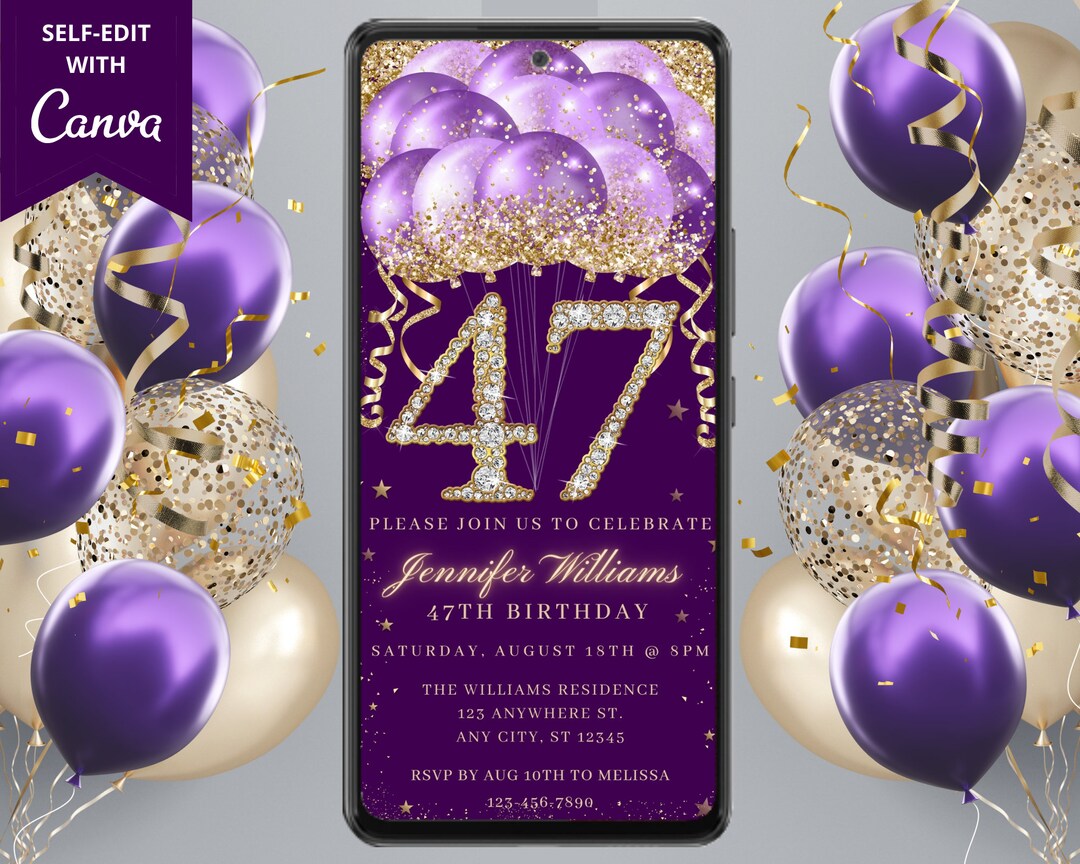 Digital 47th Birthday Party Purple Gold Diamond Glitter Balloon ...