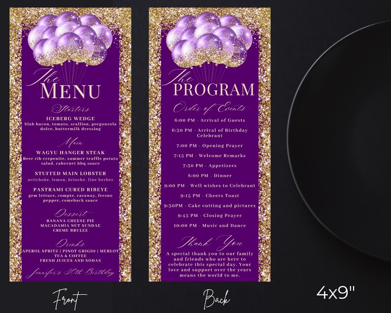 Editable Glam Purple Gold Glitter Balloons Menu Program and Thank You ...