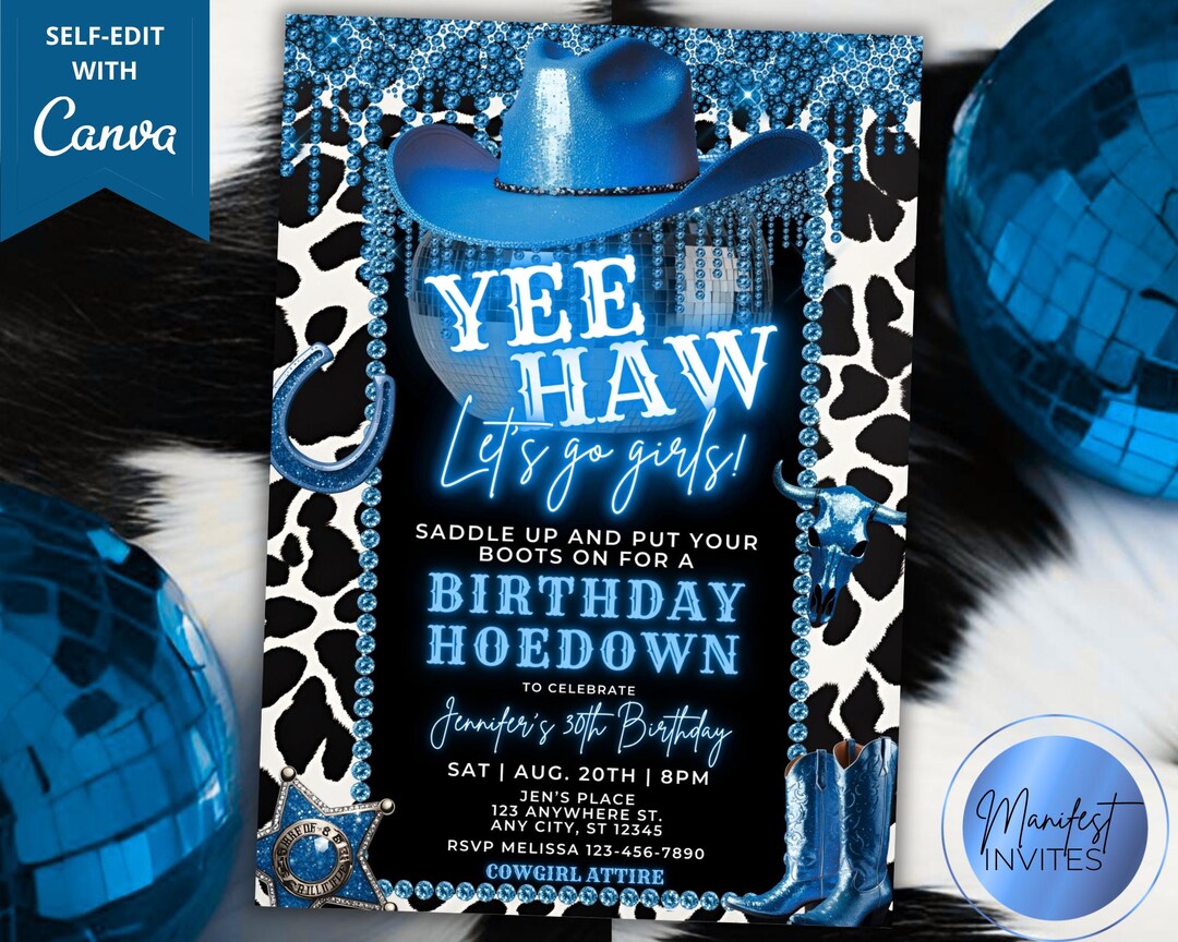Editable Blue Disco Cowgirl Hoedown Birthday Party Invitation ...