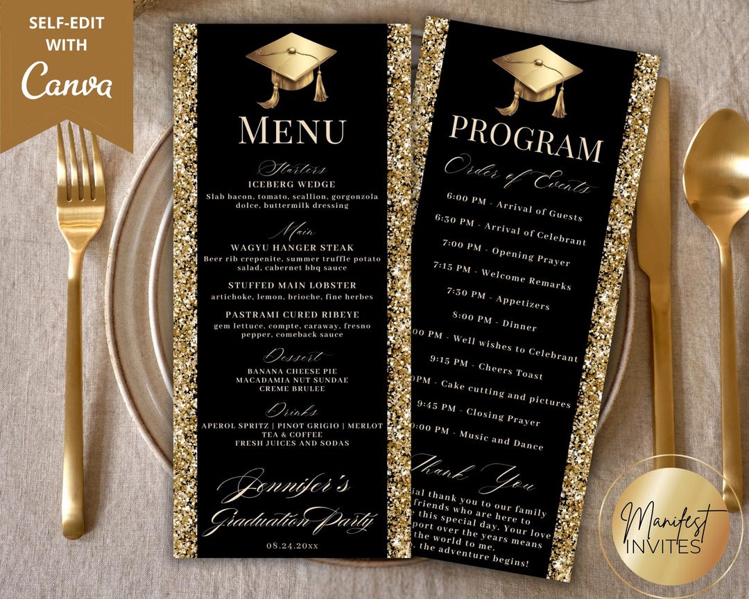 Editable Modern Graduation Black Gold Dinner Menu Card and Program ...