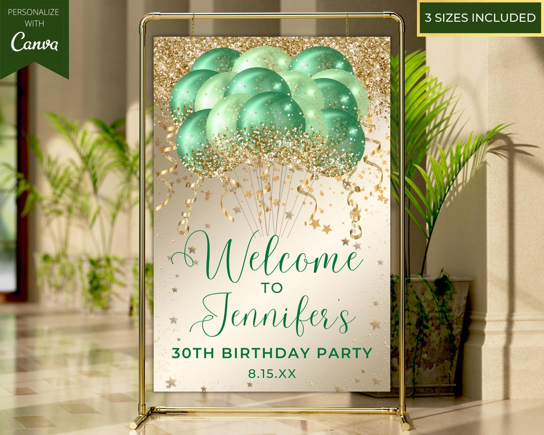 Green Gold Glitter Balloons Printable Welcome Sign, Birthday Party Sign ...