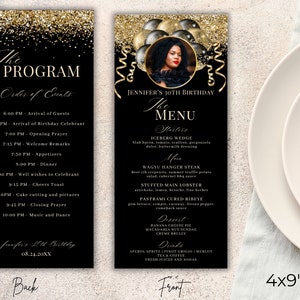 Editable Picture Black Gold Glitter Balloons Menu and Program Card ...