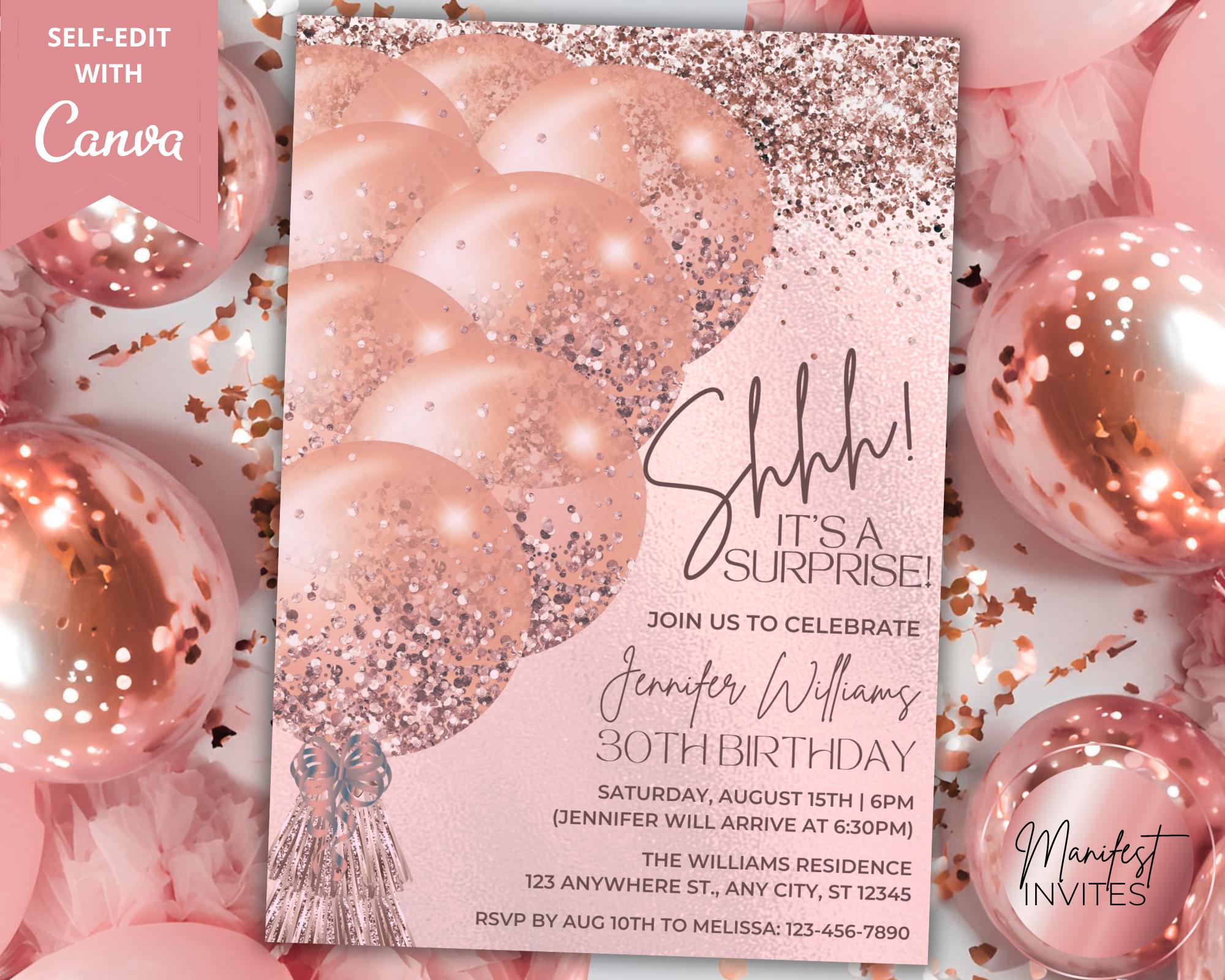 Editable Shhh It's a Surprise Pink Rose Gold Glitter Balloons Glam ...