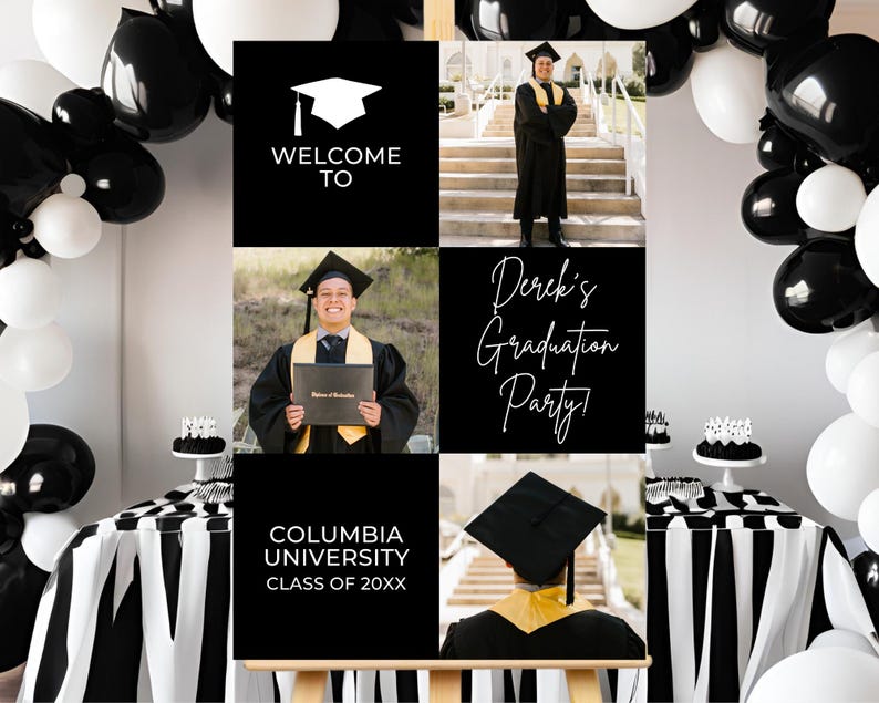 Editable Modern Black White Graduation Party Welcome Sign Photo ...