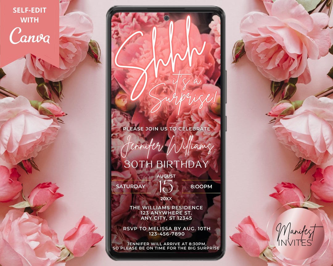 Digital Shhh It's a Surprise Birthday Party Invitation, Blush Pink Neon ...