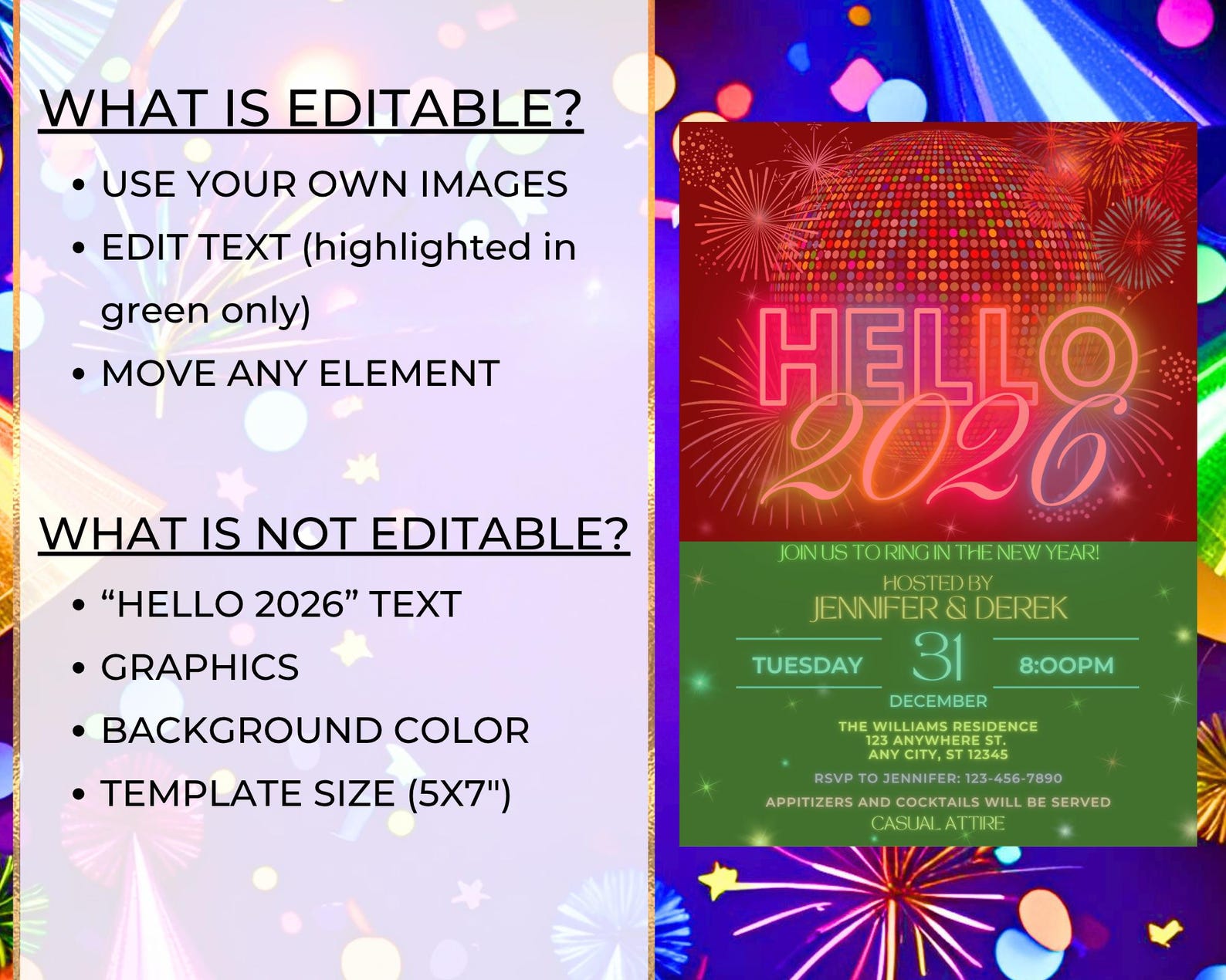 Editable Hello 2026 Rainbow Neon Disco Ball New Year's Eve Party ...