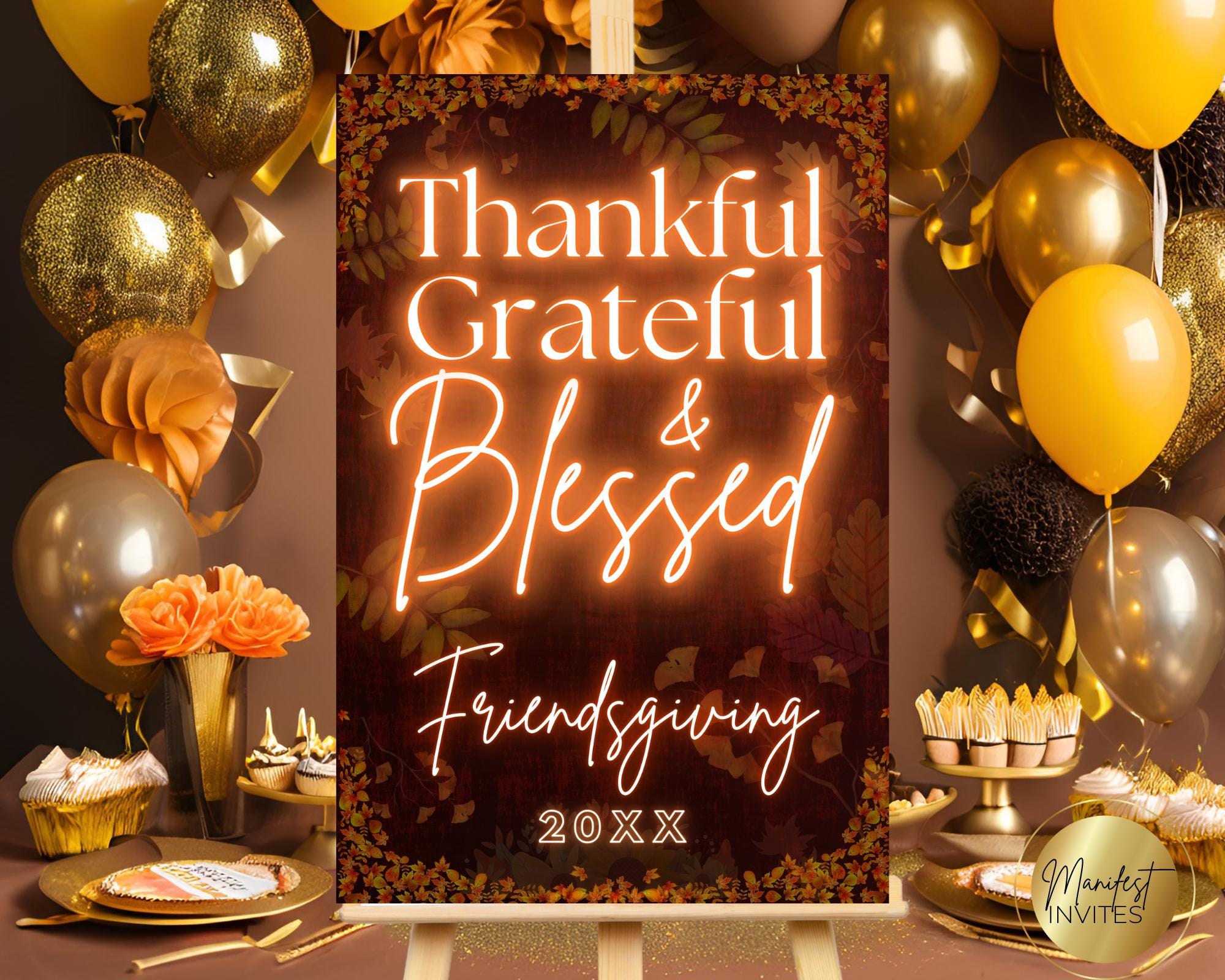 Editable Thankful Grateful and Blessed Friendsgiving Party Welcome Sign ...