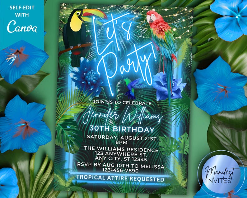 Editable Tropical Blue Neon Summer Birthday Party Invitation, Let's ...