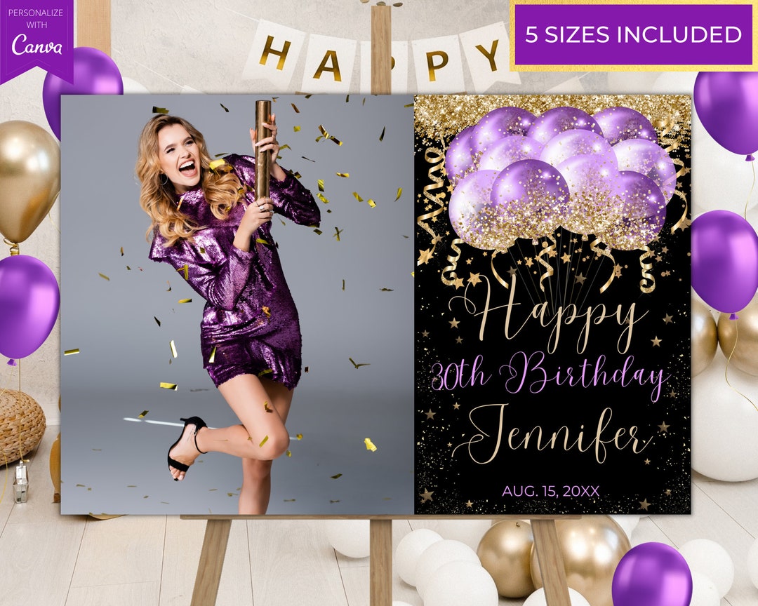 Editable Purple Gold Balloons Photo Template Happy Birthday Welcome ...
