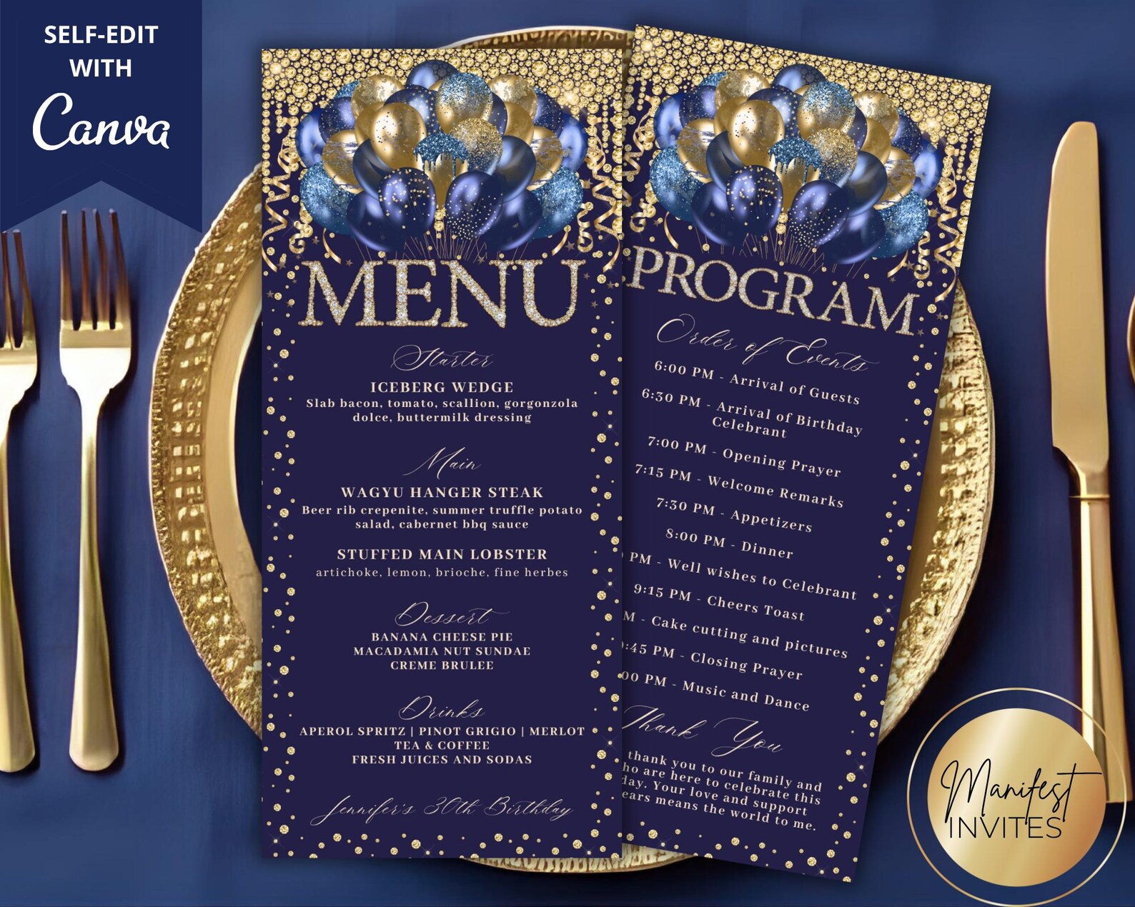 Editable Glam Navy Blue Gold Glitter Balloons Diamond Menu Program and ...