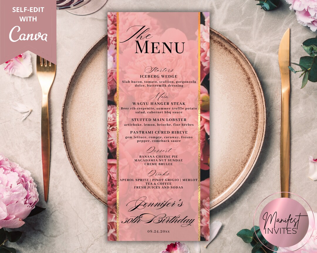 Editable Blush Pink Floral Dinner Menu Card Template, Printable Event ...