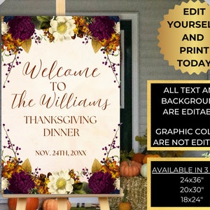 Editable Thanksgiving Dinner Welcome Sign, Autumn Florals, Printable ...