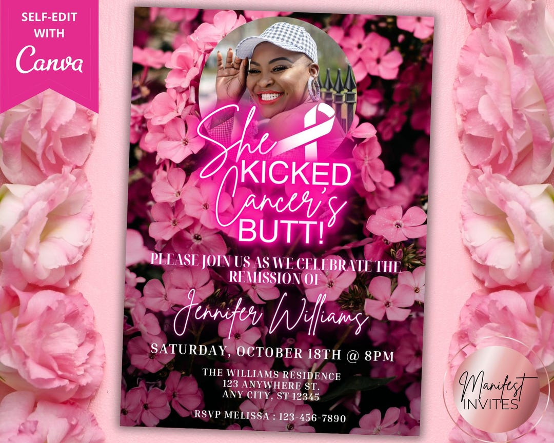 Printable Breast Cancer Survivor Party Photo Invitation, She Kicked ...