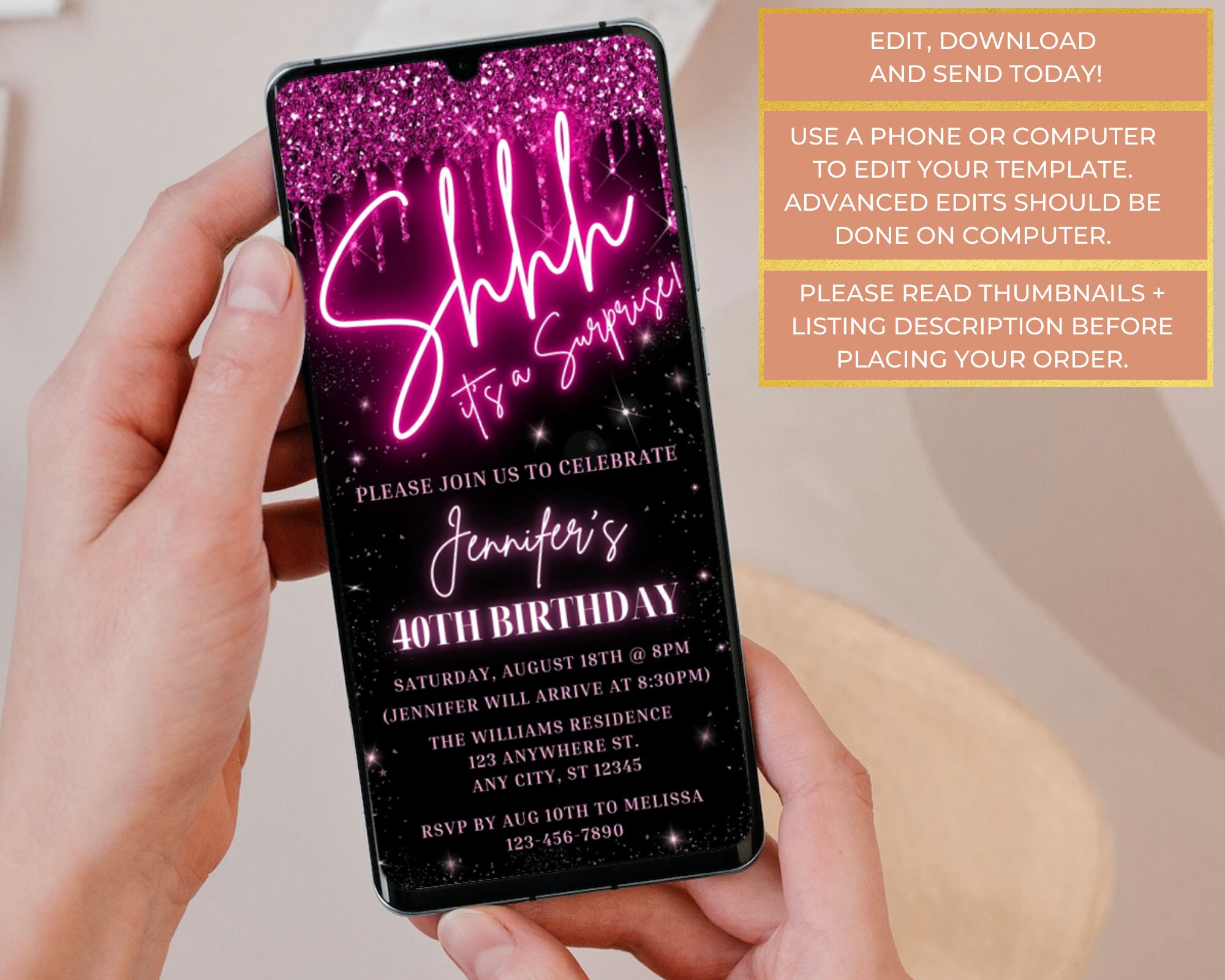 Digital Shhh Surprise Birthday Party Invite, Electronic Phone Text ...