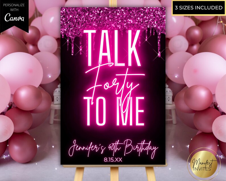 Printable Talk Forty to Me 40th Birthday Pink Glitter Drip Welcome Sign ...