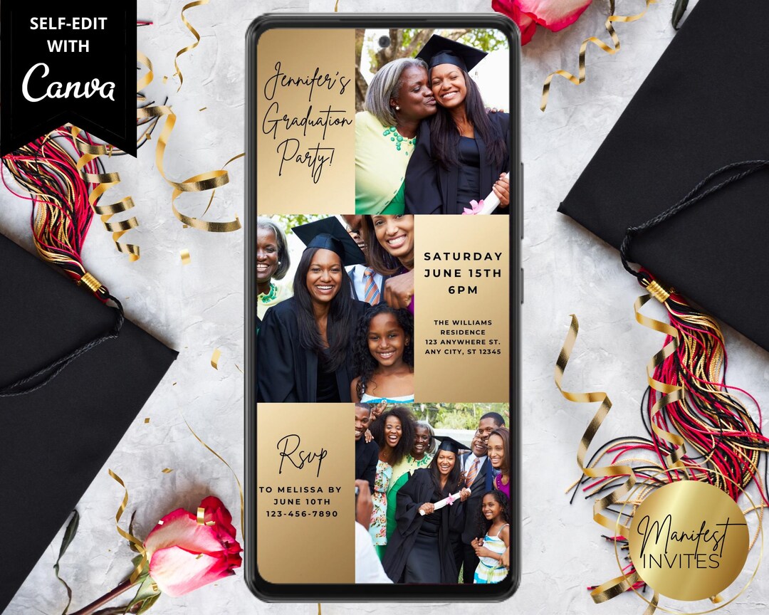 Digital Modern Graduation Party Photo Gold Invitation, Phone Text Evite ...