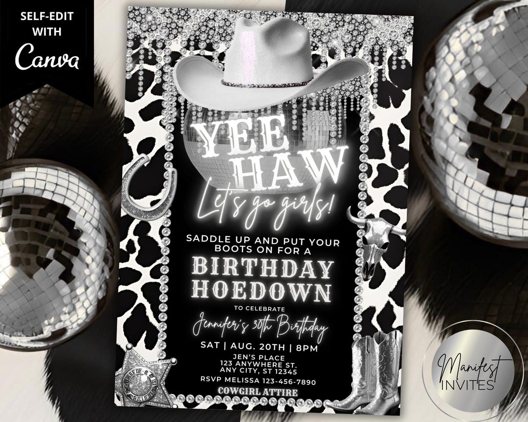 Editable Silver Disco Cowgirl Hoedown Birthday Party Invitation ...