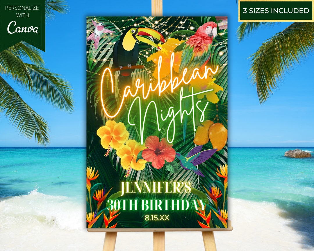 Editable Tropical Summer Caribbean Welcome Sign, Birthday Graduation ...