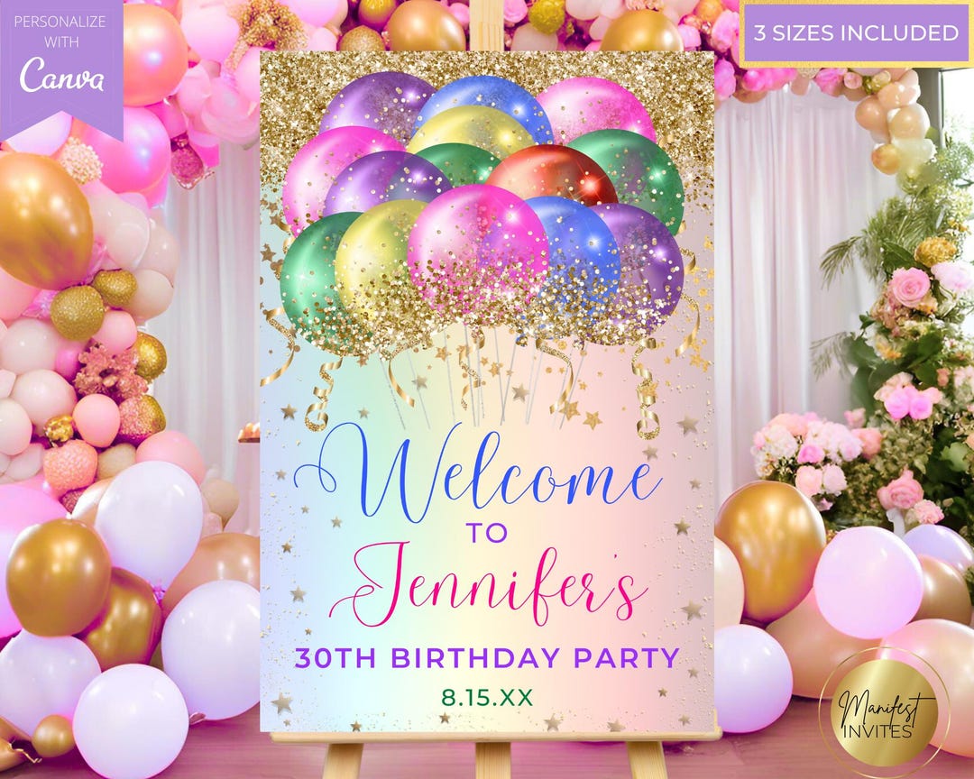 Editable Rainbow Gold Glitter Balloons Neon Birthday Party Welcome Sign ...